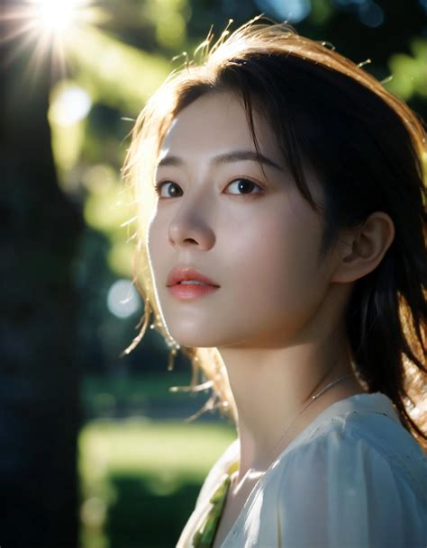 Adult Girl Close Shot Face Upward07 Looking At Viewer Sun Light And Tree Shadow On The