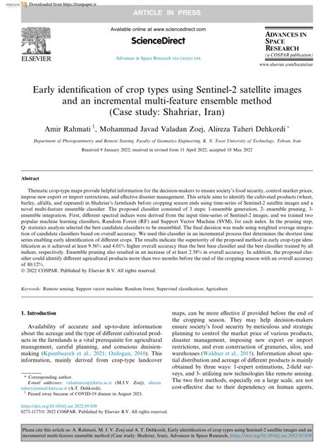 Pdf Early Identification Of Crop Types Using Sentinel 2 Satellite