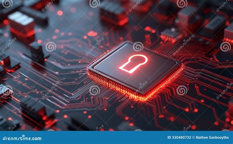 Cybersecurity Concept With Glowing Red Lock On Circuit Board Stock Illustration Illustration