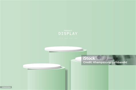 모형을 위한 최소한의 벽 장면 3d 백색과 녹색 실린더 연단 주춧대 현실적 또는 녹색 벽 스튜디오 방에 있는 제품 진열대 3d