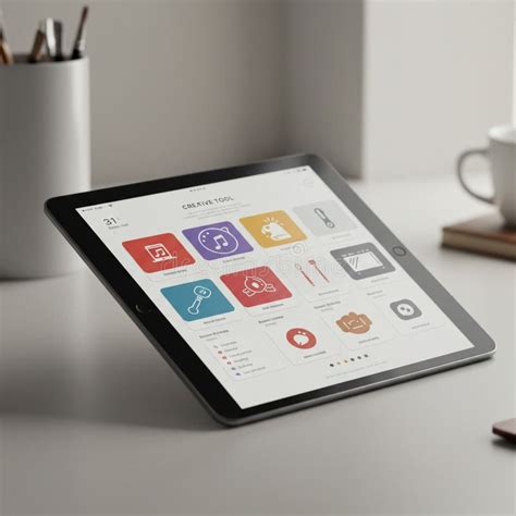 A Tablet Is Displayed On A Sleek Gray Desk Featuring A Vibrant Interface Labeled Stock