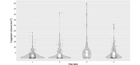 violin plots with embedded box plots of fragment volumes in the bodies