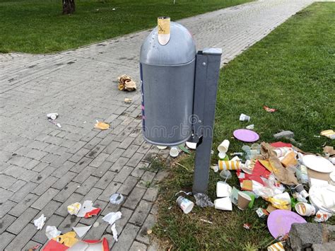 Trash Bin Overloaded No Garbage Collection Problem Outdoors Stock