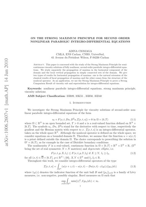 PDF On The Strong Maximum Principle For Second Order Nonlinear Parabolic Integro Differential