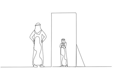 자신의 소심한 미니 버전을 보고 있는 거울을 보고 있는 아랍 남자의 그림 싱글 라인 아트 스타일 프리미엄 벡터