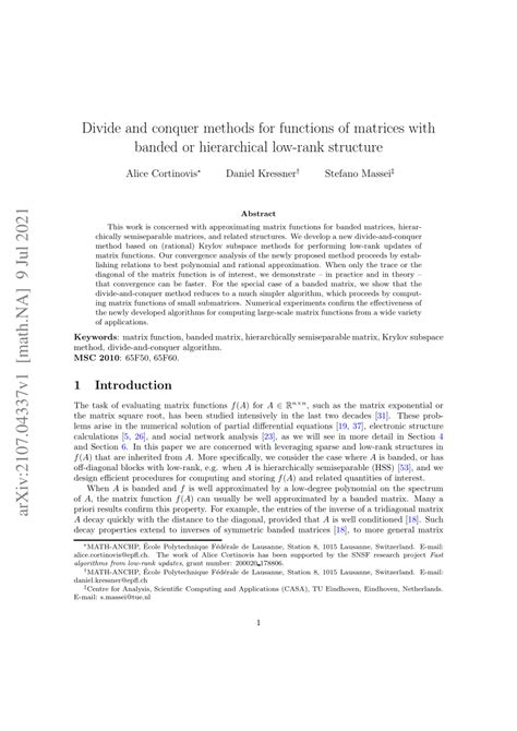 Pdf Divide And Conquer Methods For Functions Of Matrices With Banded
