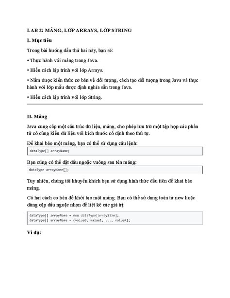 Lập Trình Hướng Đối Tượng Lab 2 Lab 2 MẢng LỚp Arrays LỚp String I Mục Tiêu Trong Bài