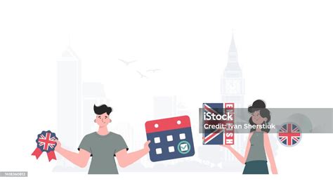 영어 학습의 개념 남자와 여자 영어 교사 트렌디 한 스타일 벡터 일러스트레이션 가상현실에 대한 스톡 벡터 아트 및 기타 이미지 가상현실 관광객 교습 Istock