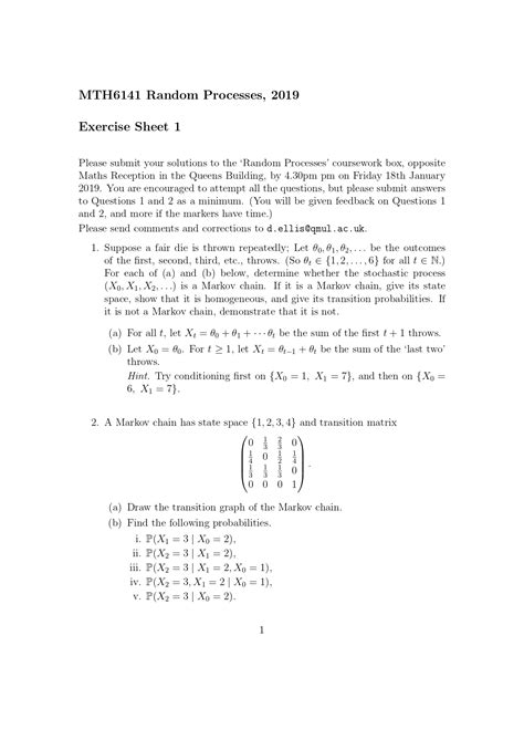 Solved MTH6141 Random Processes 2019Exercise Sheet 1Please Chegg Com