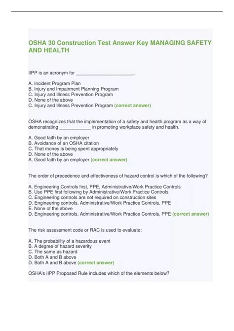 OSHA 30 Construction Test Answer Key MANAGING SAFETY AND HEALTH OSHA 30 Construction Stuvia US