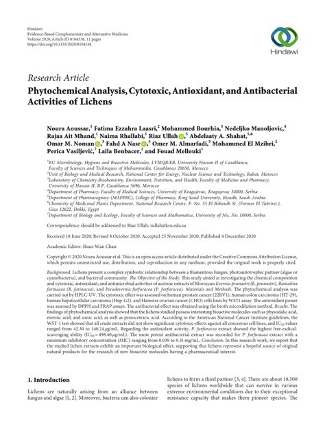 Pdf Phytochemical Analysis Cytotoxic Antioxidant And Antibacterial Activities Of Lichens
