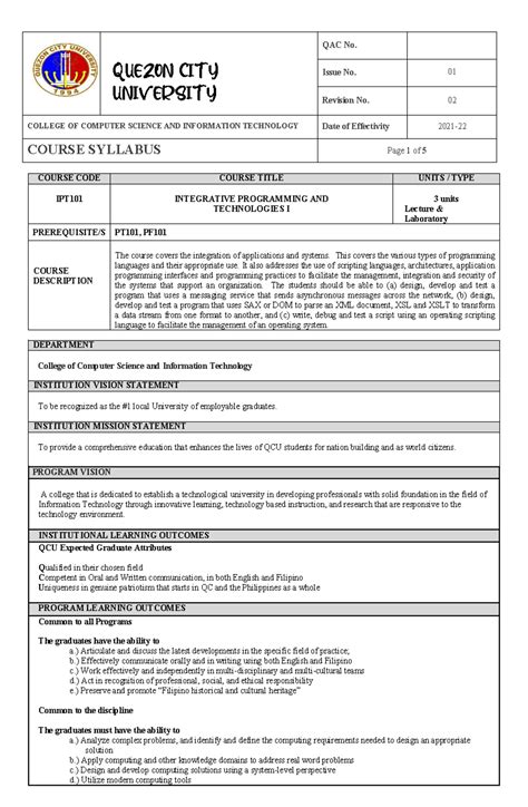 ipt101 course syllabus quezon city university issue no 01 revision no 02 college of computer