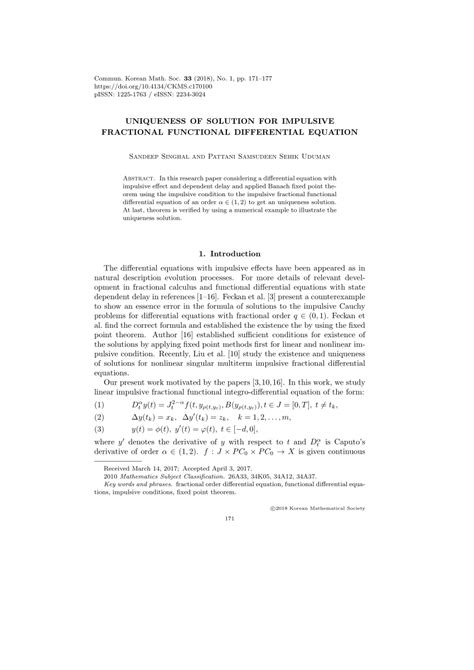 Pdf Uniqueness Of Solution For Impulsive Fractional Functional Differential Equation