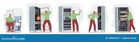Set Of Young Male Sysadmin Character Working On Computer Doing Technical Work With Server Rack