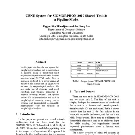 Cbnu System For Sigmorphon 2019 Shared Task 2 A Pipeline Model Acl