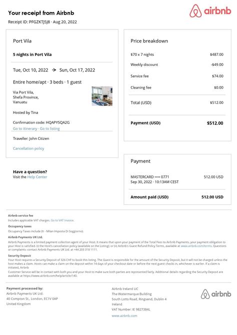 Customizable Vanuatu Airbnb Reservation Template Word And Pdf Formats