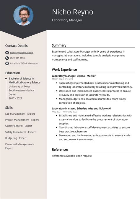 Laboratory Manager CV Job Description Sample Guide