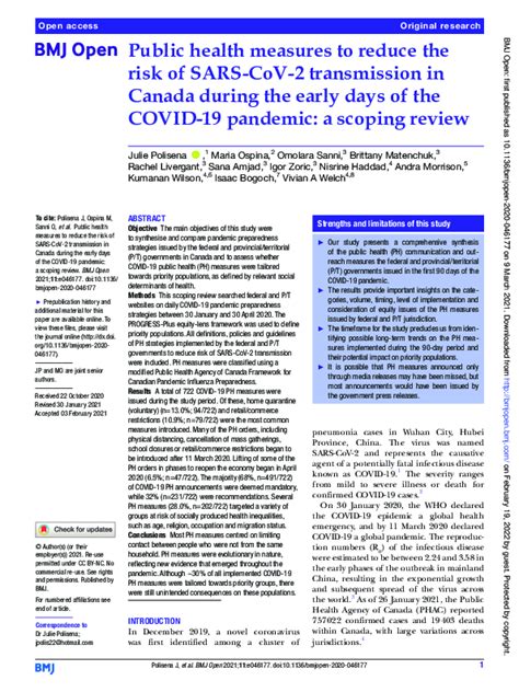 Pdf Public Health Measures To Reduce The Risk Of Sars Cov 2 Transmission In Canada During The