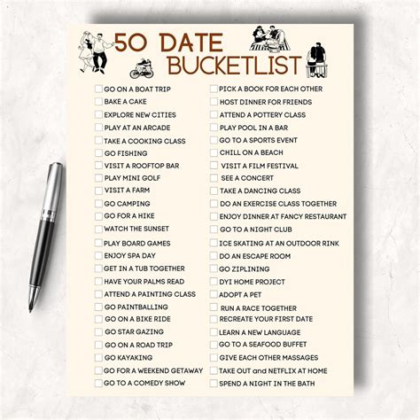 50 Date Bucket List Printable Bucket List Date Ideas Couple Goals Date