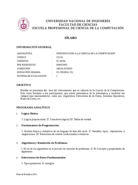 Silabo Ciencia De La Computación Uni Pdf Algoritmos Lenguaje De