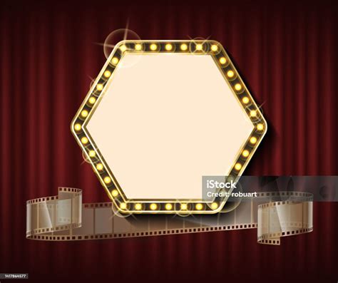 텍스트 공간이있는 빨간색 배경에 네온 조명으로 둘러싸인 복고풍 스타일의 영화 간판 또는 광고판 0명에 대한 스톡 벡터 아트 및 기타 이미지 Istock