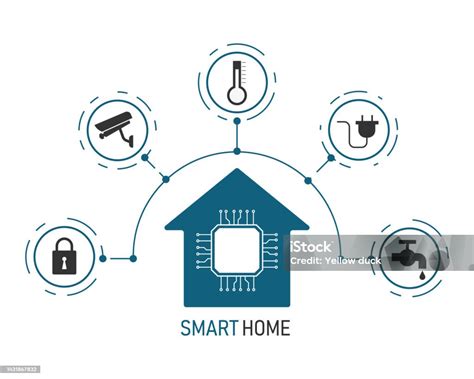 아이콘 요소가있는 스마트 홈 기술 집 상징에 있는 자동화 조수 평면 스타일의 현대적인 디자인의 벡터 일러스트레이션 홈오토메이션에 대한 스톡 벡터 아트 및 기타 이미지