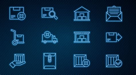 체크 표시가 있는 라인 나무 상자 판지 판지 창고 배달 화물 트럭 차량 손 및 상자 삭제 및 패키지 검색 아이콘을 설정합니다 벡터 감시에 대한 스톡 벡터 아트 및 기타