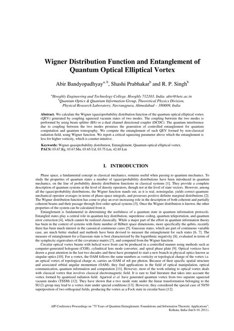 Pdf Wigner Distribution Function And Entanglement Of Generalized Quantum Optical Vortex
