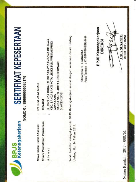 Sertifikat Bpjs Tenaga Kerja Pdf