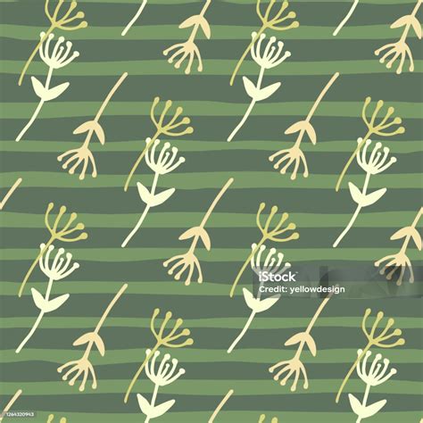 양식에 일치시키는 파스텔 원활한 민들레 모양 패턴 흰색과 노란색 색상의 꽃 의 윤곽 스트립이 있는 녹색 배경입니다 간단한 작품