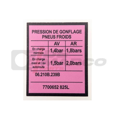 Renault 4 F4 Tire Pressure Sticker De Marco Parts