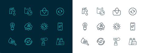 라인 재활용 기호 잎의 전기 절약 플러그 태양 에너지 패널 Co2 배출 구름 산성비 방사성 빙산 수도꼭지 및 재활용 아이콘이 있는 쇼핑백을 설정합니다 벡터 0명에 대한 스톡