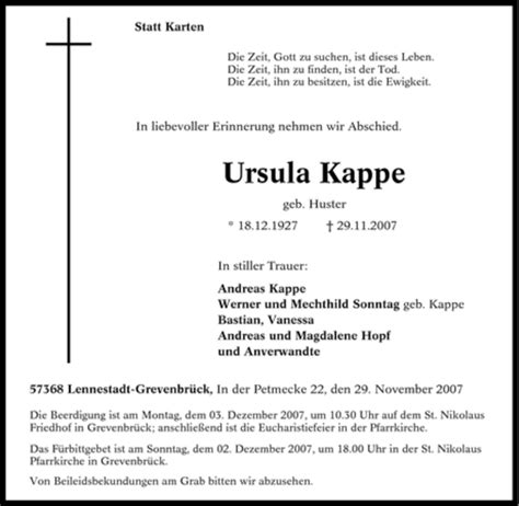 Traueranzeigen Von Ursula Kappe Trauer In Nrw De