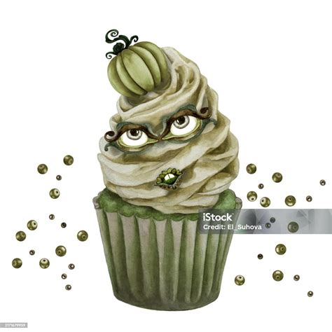 휘핑 크림 위에 인간의 눈과 입술이 있는 미친 녹색 할로윈 컵 케이크 호박 모자로 장식되어 있습니다 초대장 메뉴 포스터 카드 엽서 스티커를 위한 흑백 수채화 템플릿 가공의