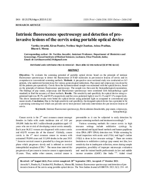 Pdf Fluorescence Spectroscopy For Detecting Cervical Lesions