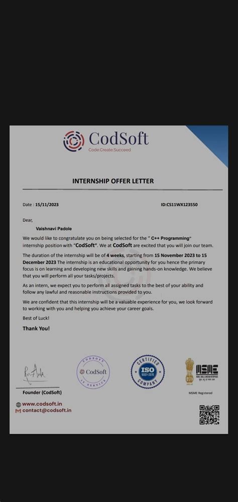 Vaishnavi Padole On Linkedin Hello Codesoft Internship Offerletter