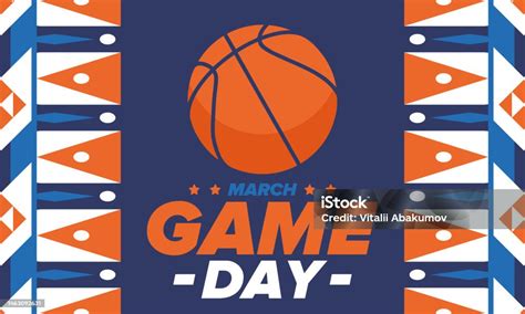 게임 데이 3월 농구 축구 플레이오프 미국에서 슈퍼 스포츠 파티 시즌 토너먼트의 마지막 경기 프로 팀 챔피언십 농구공을 위한 공 스포츠 포스터 벡터 일러스트레이션 3월에