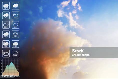 다채로운 황혼 열대 하늘과 부드러운 구름 배경의 극적인 대기 파노라마보기에 그래프와 차트와 일기 예보 기호 데이터 프리젠 테이션 0명에 대한 스톡 사진 및 기타 이미지