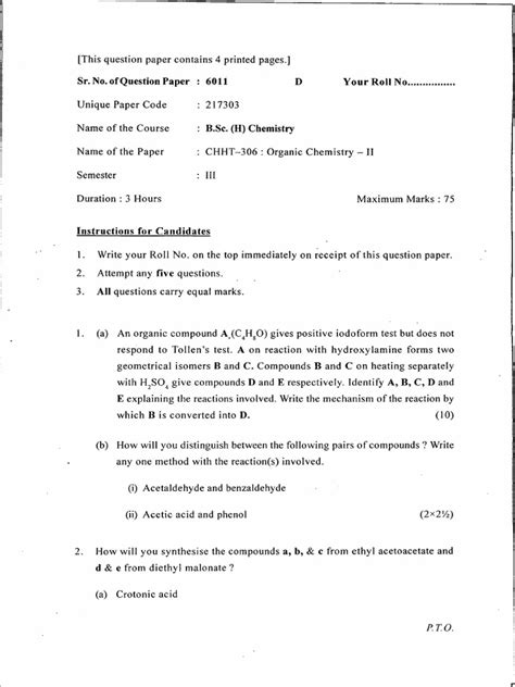 Bsc H Chemistry Chht 306 Organic Chemistry Ii Sem Iii 6011 Pdf Acetic Acid Ethanol