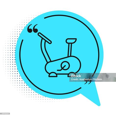 흰색 배경에 격리 된 검은 줄 고정 자전거 아이콘 운동 자전거 파란색 음성 버블 기호입니다 벡터 건강한 생활방식에 대한 스톡 벡터 아트 및 기타 이미지 Istock