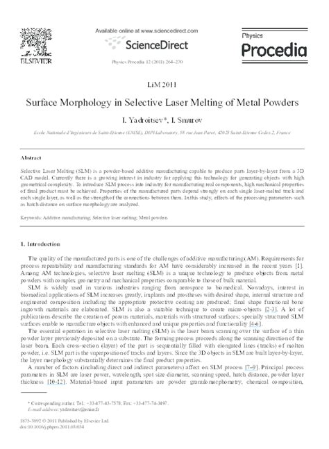 Pdf Surface Morphology In Selective Laser Melting Of Metal Powders