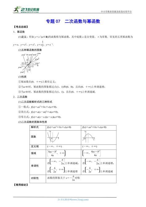 【专题讲义】人教a版必修1 专题07 二次函数与幂函数（解析版） 21世纪教育网