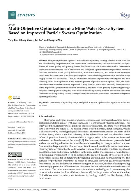 Pdf Multi Objective Optimization Of A Mine Water Reuse System Based On Improved Particle Swarm