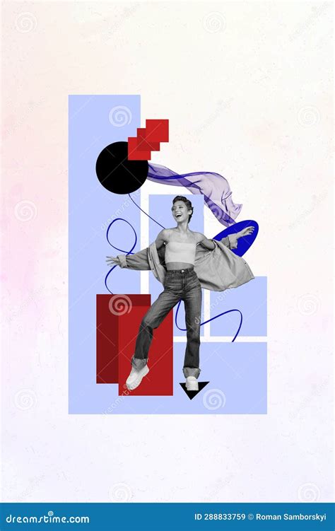 Imagen De Collage Vertical De La Excitada Muchacha De Efecto Blanco Negro Disfrutando De Los
