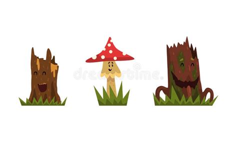 Funny Mushroom And Tree Stump Characters With Smiling Faces Growing On