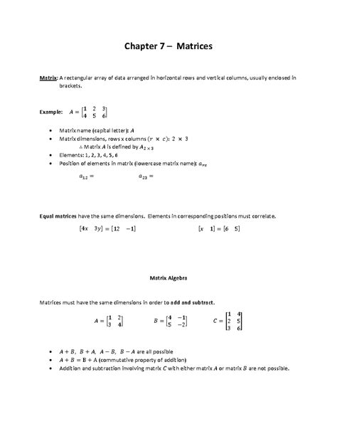 Matrices And Matrix Algebra Chapter 7 Overview And Exercises Chapter