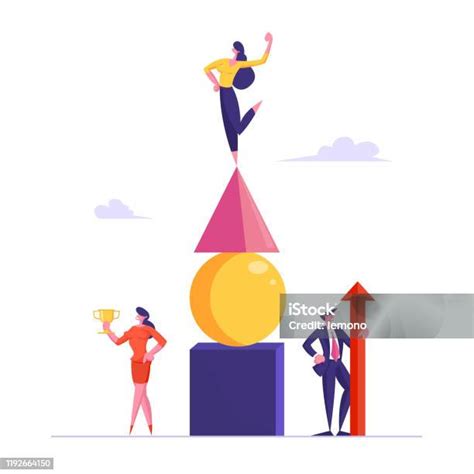 성공적인 비즈니스 팀은 거대한 빨간 화살표와 황금 잔 피라미드의 상단에 사업가와 함께 포즈를 취하는 승리를 축하 근육을 보여줍니다 목표 달성 성공 만화 플랫 벡터 일러스트