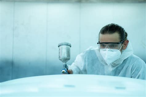 자동차 스프레이 룸의 자동차 정비사 안료가 완전하고 아름답고 자동차의 원래 색상과 조화를 이루는 자동차 앞 범퍼에 뿌려진 페인트를 검사합니다 가리기에 대한 스톡 사진 및