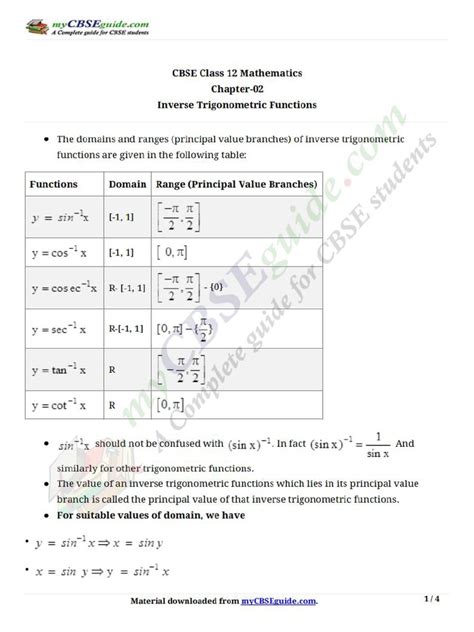 12 Maths Key Notes Ch 02 Inverse Trigonometric Functions Pdf