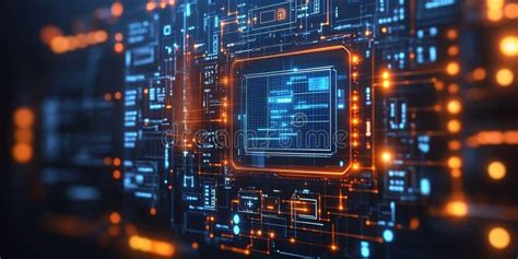 Close Up View Of A Futuristic Circuit Board Showcasing Glowing Components And Data In A Digital